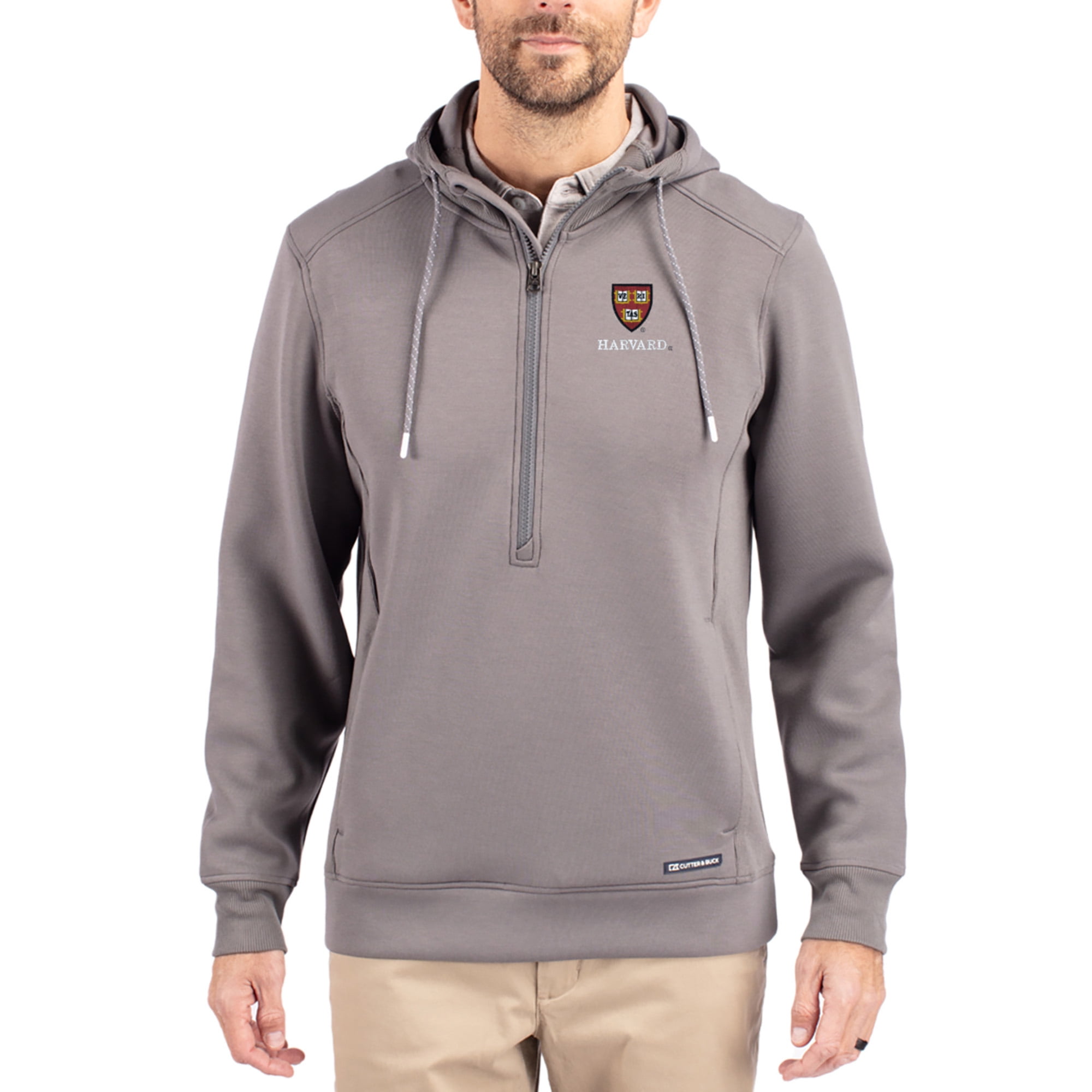 Men's-Cutter & Buck Gray Harvard Crimson Roam Eco Recycled Half-Zip ...