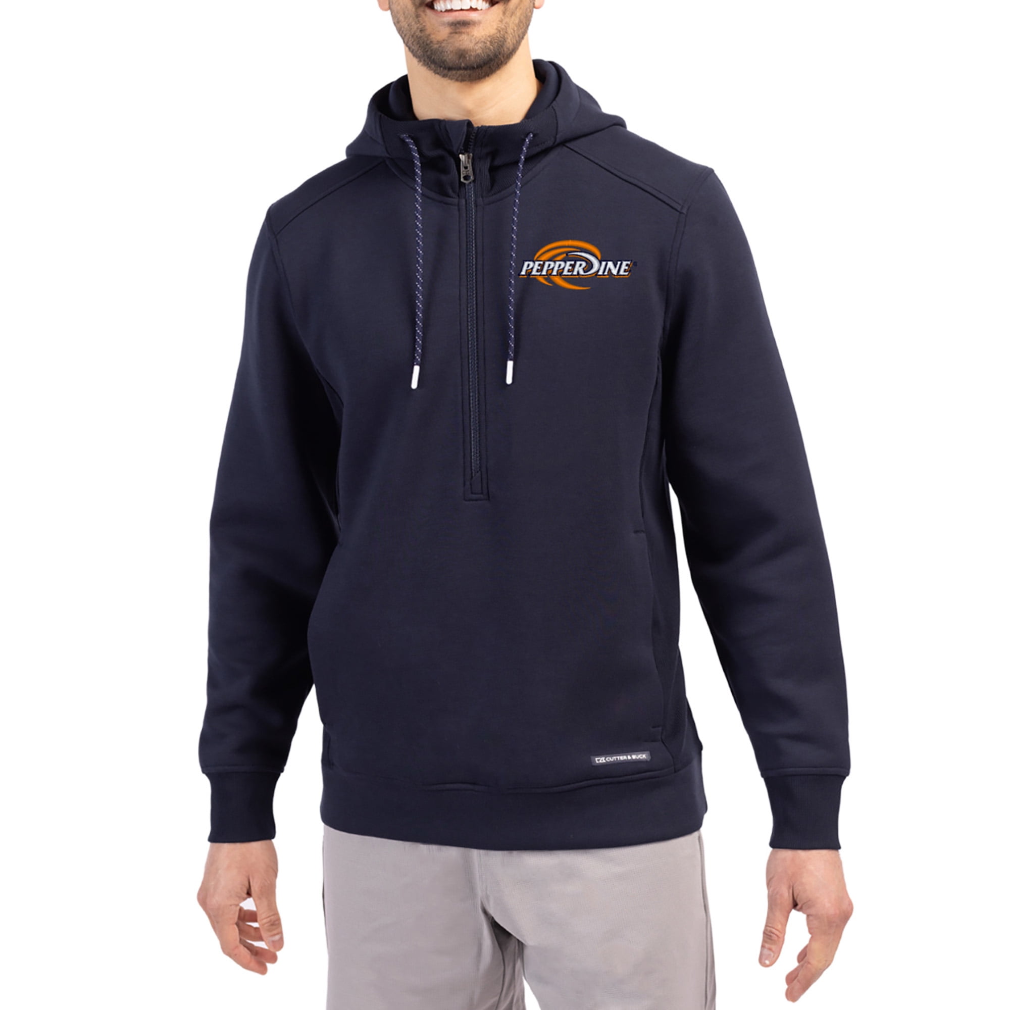 Men's-Cutter & Buck Navy Pepperdine Waves Roam Eco Recycled Half-Zip ...