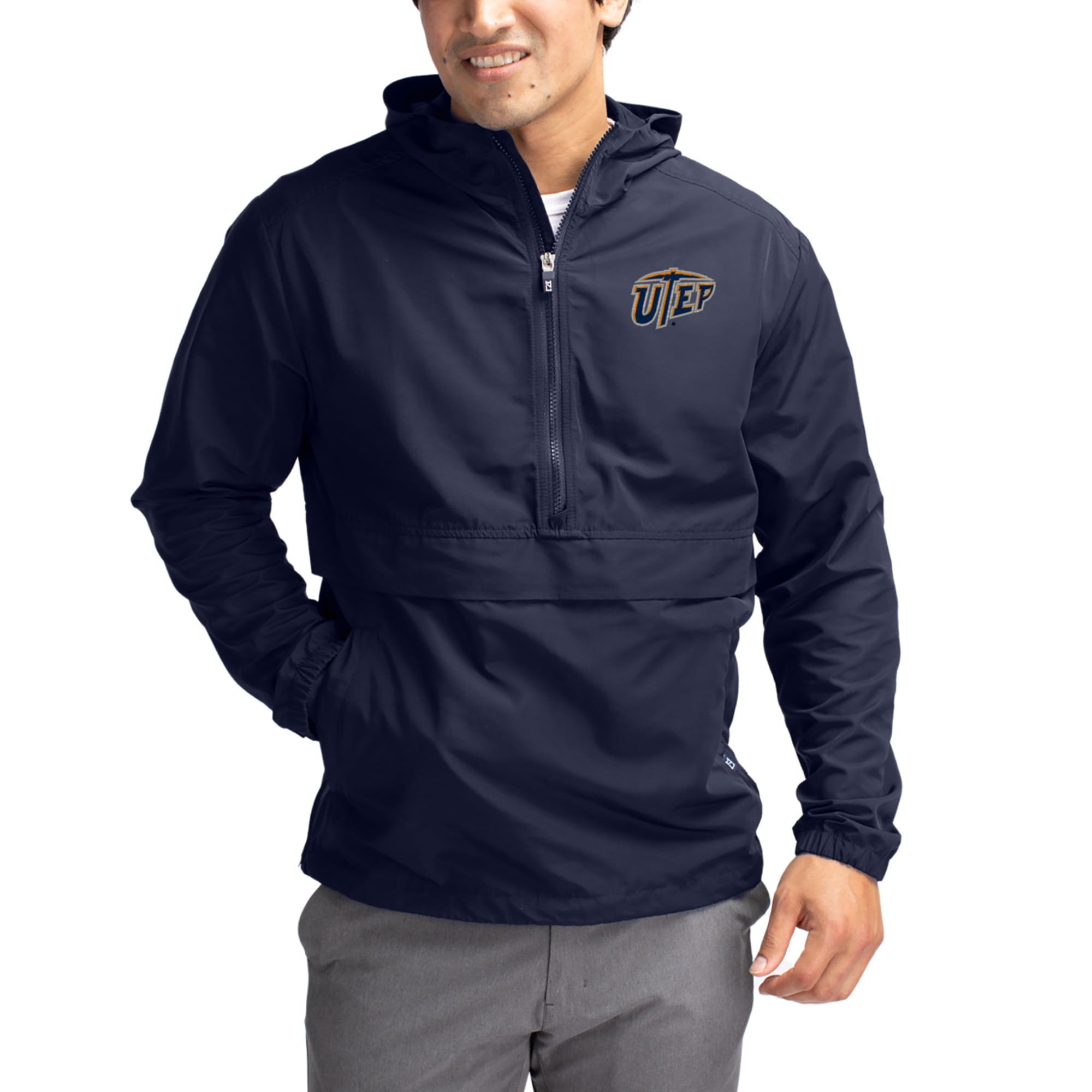 Men's Cutter & Buck Navy UTEP Miners Charter Eco Recycled Half-Zip ...