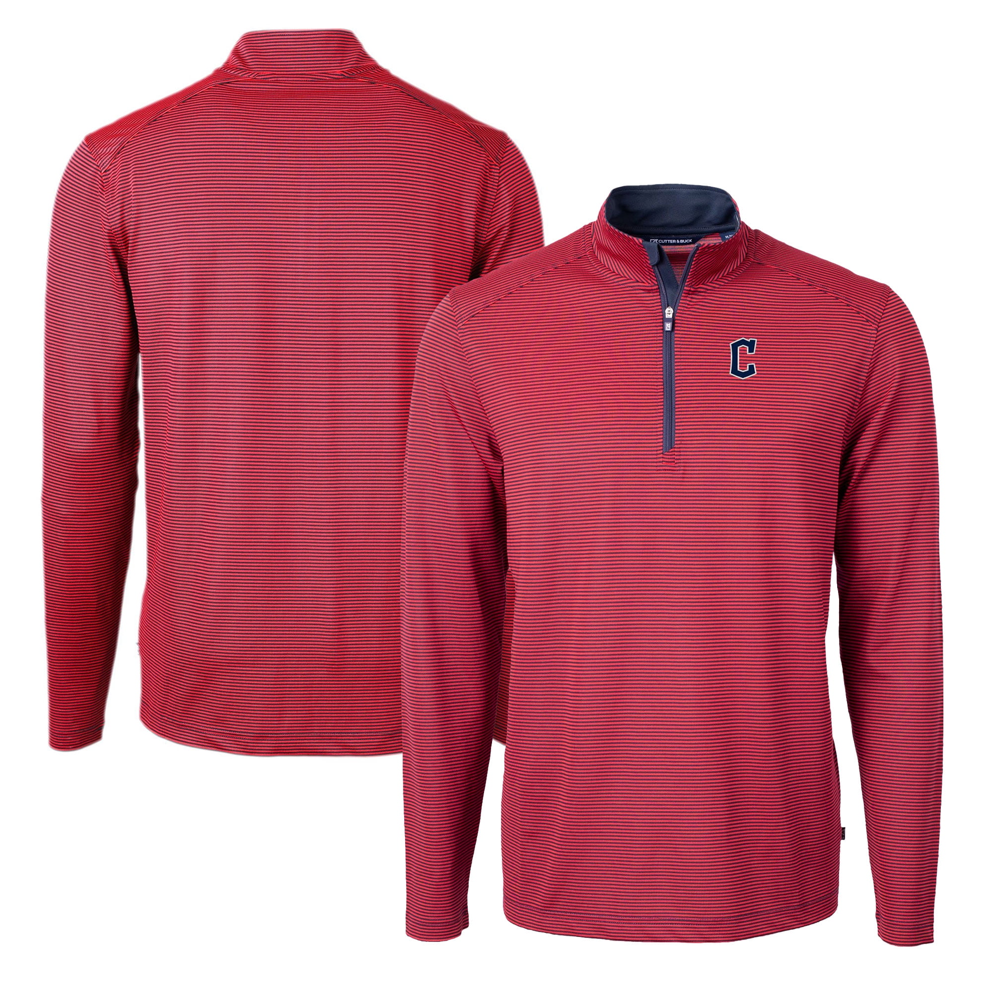 Men's Cutter & Buck Red/Navy Cleveland Guardians Virtue Eco Pique Micro Stripe Recycled Quarter ...