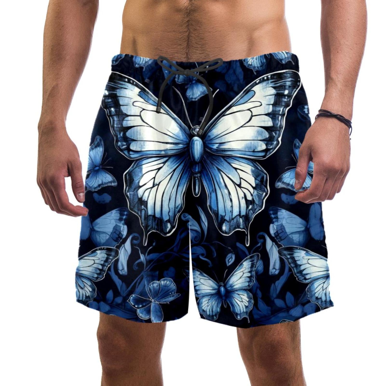 Mens Dark Blue Butterflies Swim Trunks Quick Dry Boardshorts Bathing