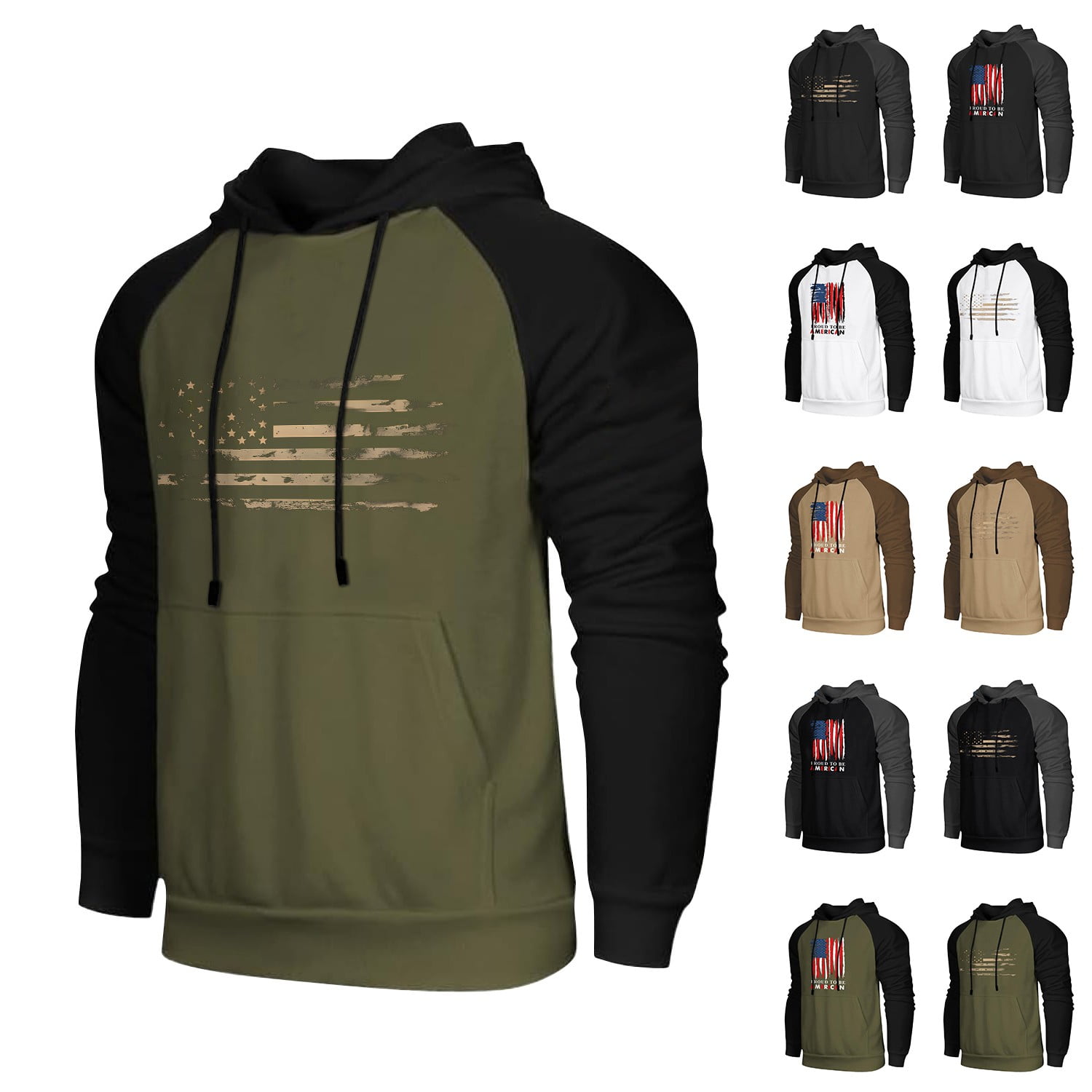 Men's Dark Color Hooded Sweatshirt with Long Flag Print, Casual ...