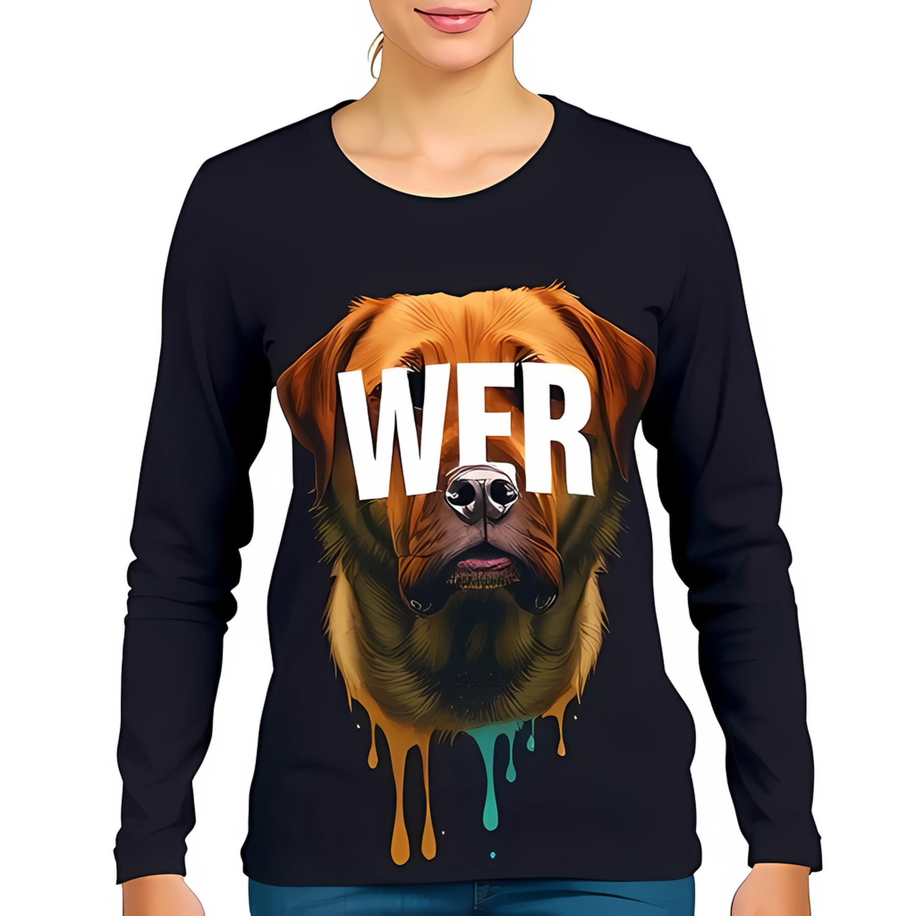 Men's Dark Navy Long Sleeve T-Shirt with Reddish-Brown Dog Graphic and ...
