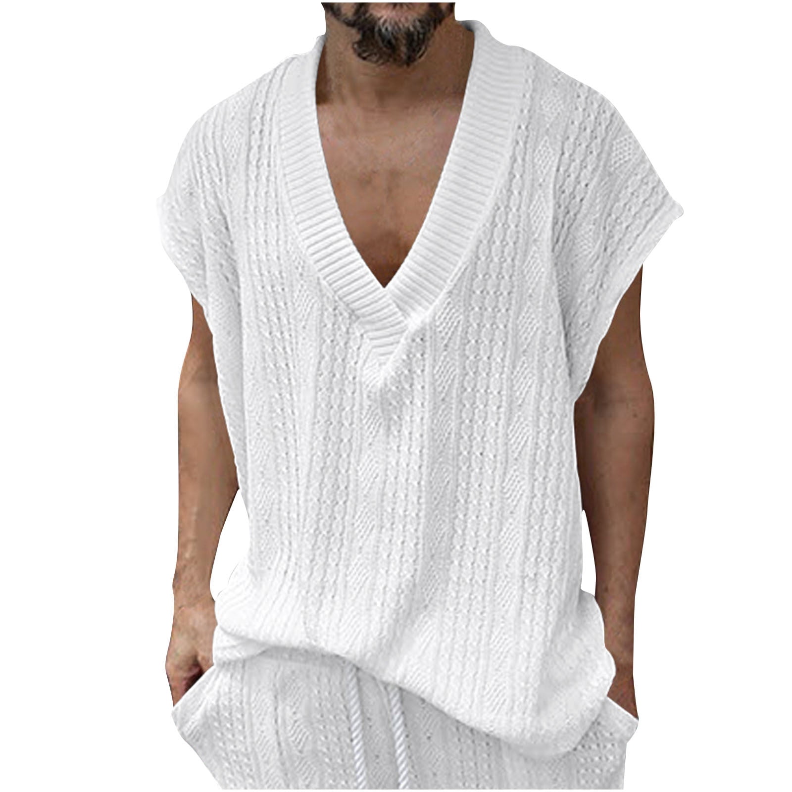 Men's Deep V Neck Vest Casual Loose Fit Sleeveless Cable Knit Sweater ...