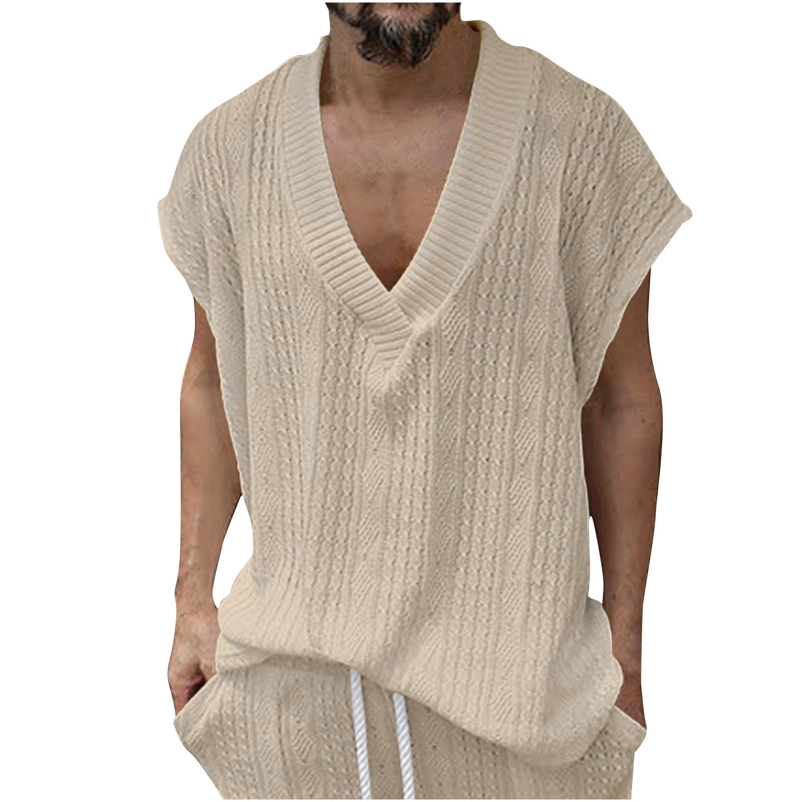 Men's Deep V Neck Vest Casual Loose Fit Sleeveless Cable Knit Sweater ...