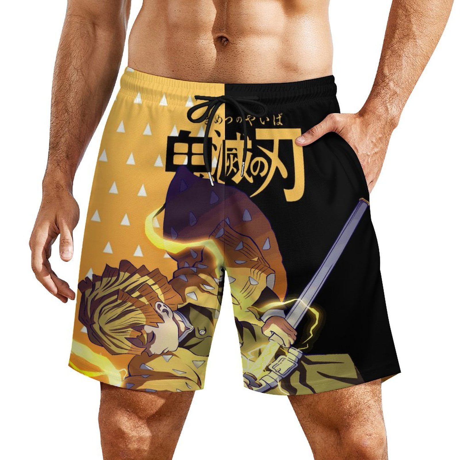 Men's Demon Slayer Zenitsu Beach Shorts With Compression Liner Swim ...