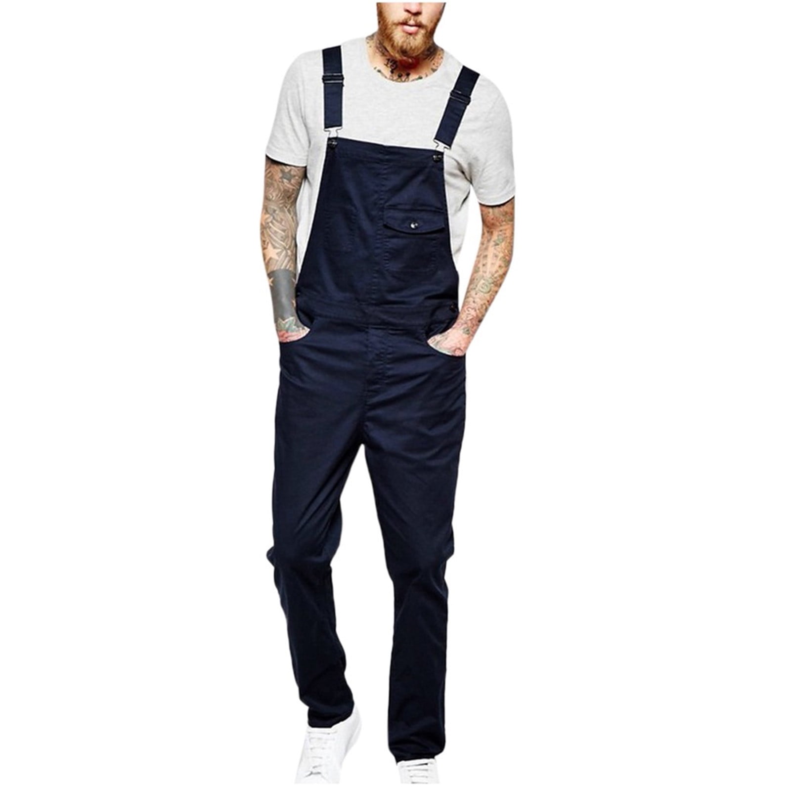 Men's Denim Bib Overalls Relaxed-Fit Solid Color Jean Rompers Bodysuits ...