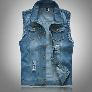 Capreze Denim Vest Men Lapel Sleeveless Slim Fit Retro Ripped Casual ...