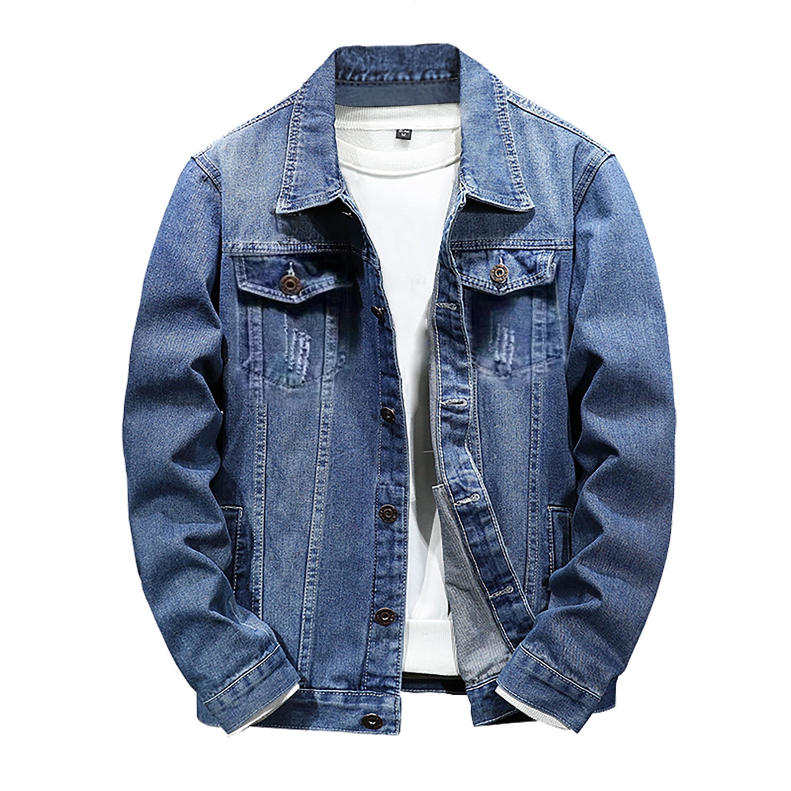 Men's Denim Trucker Jacket Distressed Ripped Motorcycle Slim Fit Blue ...