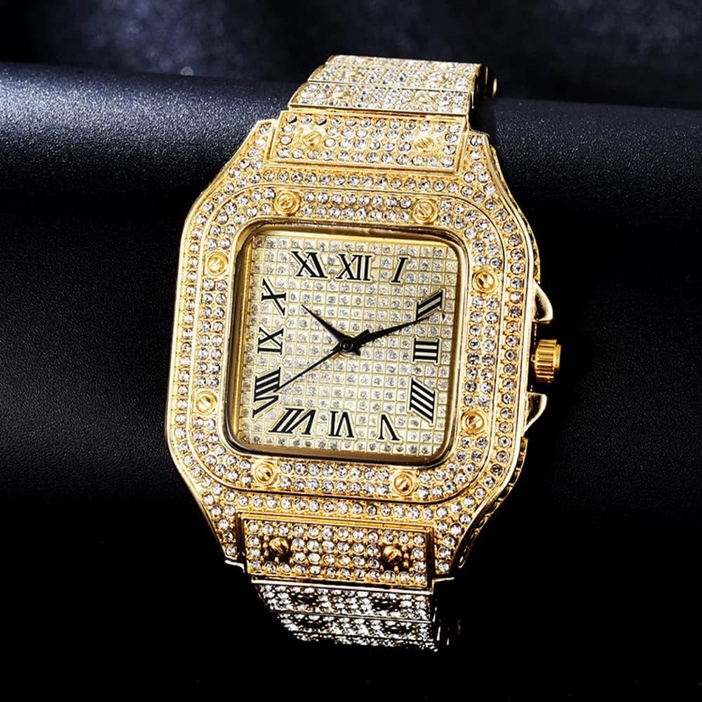 Men’s Diamond Watch Iced Out Watchs CZ 18K Gold Plated Cuban Link Watch ...