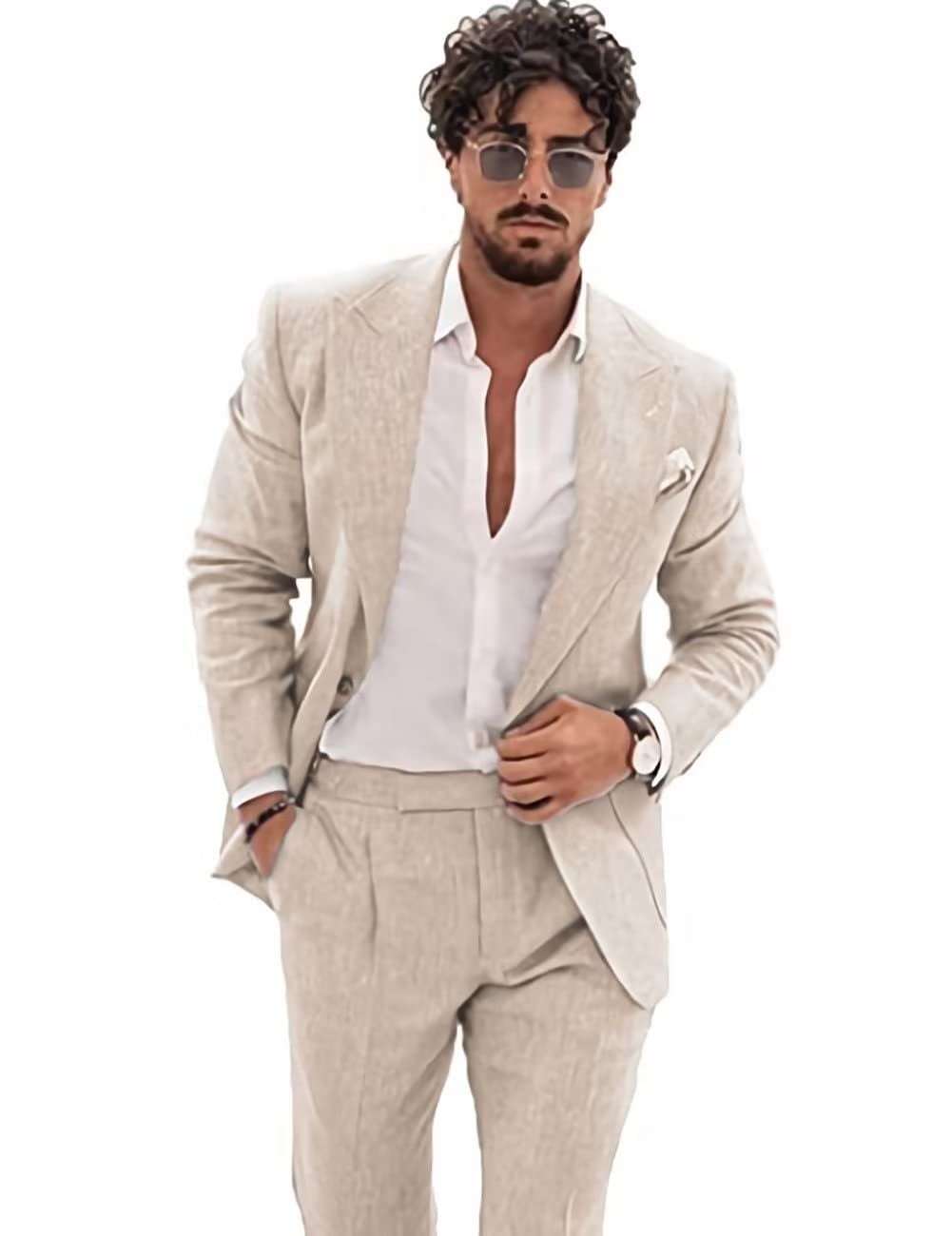ETHAN Men's Linen Suit, Beige, Double Breasted, Slim Fit, Wedding ...