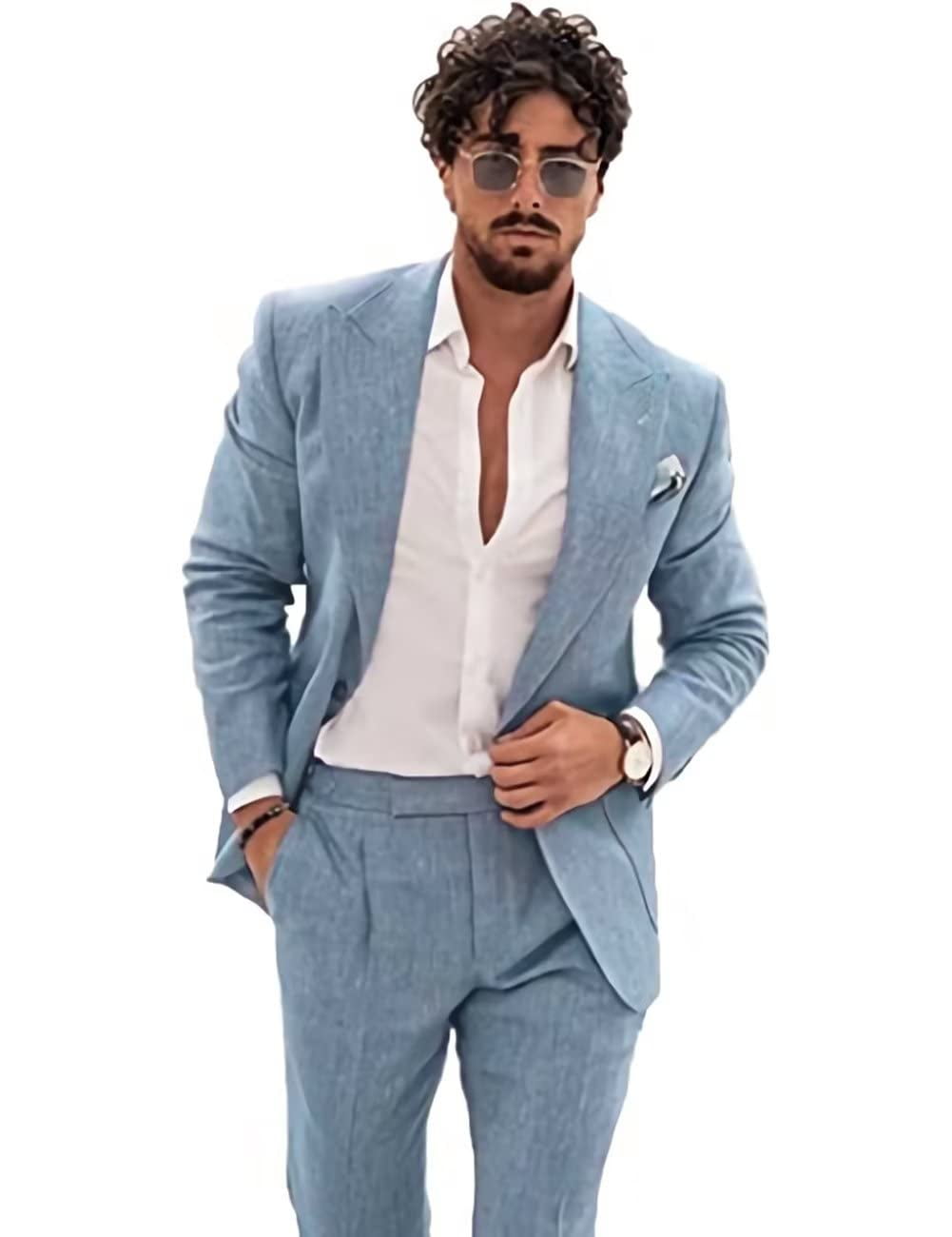 Men's Double Breasted Linen Suit 2 Piece Linen Suits Slim Fit Wedding ...