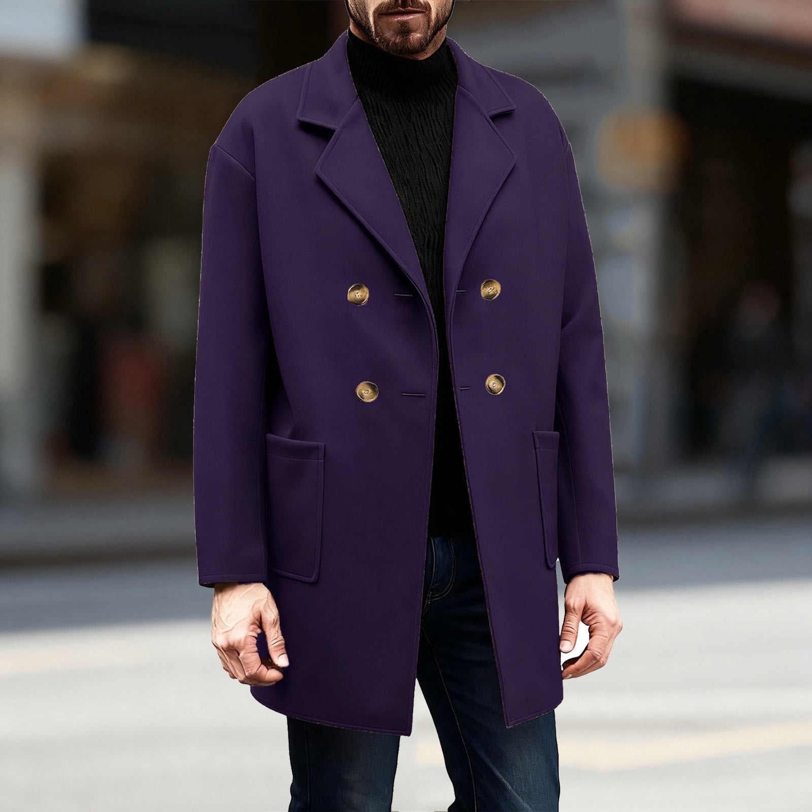 Men's Double Breasted Wool Blend Coat Winter Notched Lapel Belted ...