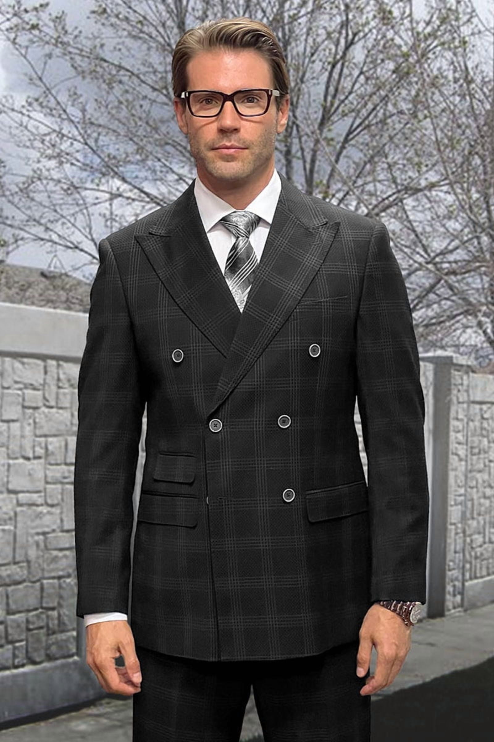 Men's Double Breasted Wool Suit Black Windowpane 52 Long - Walmart.com