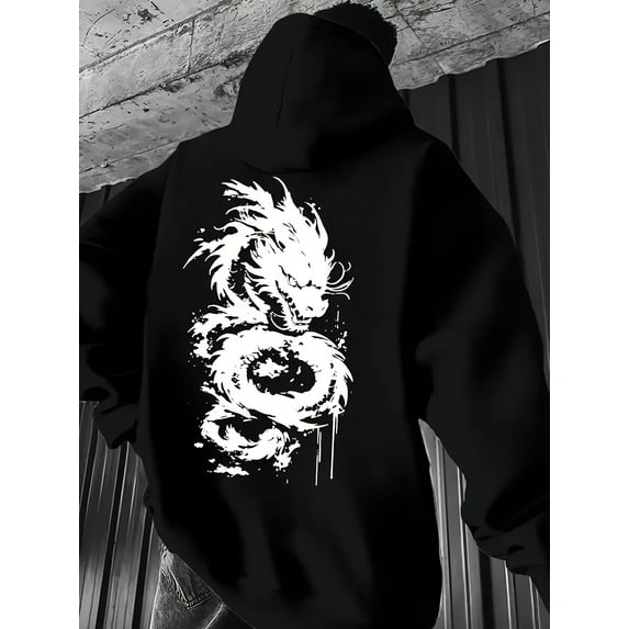 Men's Dragon Hooded Sweatshirt - Black & White Dragon Print Pullover ...
