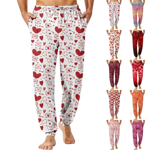 Men's Drawstring Pocket Cuffed Casual Pants, Heart Print Valentine's ...