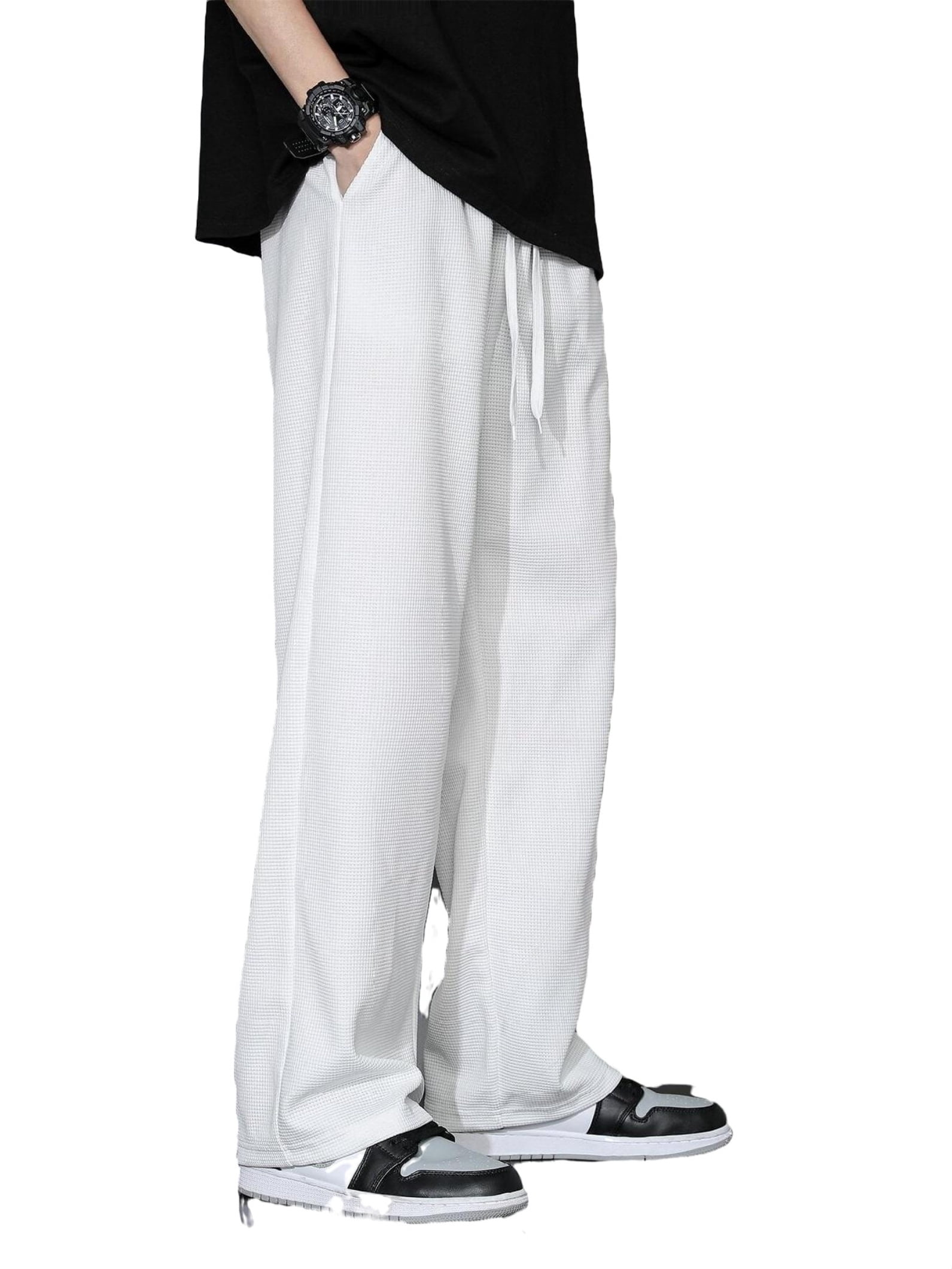 Men’s Drawstring Waist Straight Leg White Color Plain Design Pants ...