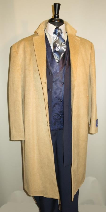 Men's Dress Coat 3 Button Long Wool Blend Camel ~ Khaki Color Full ...