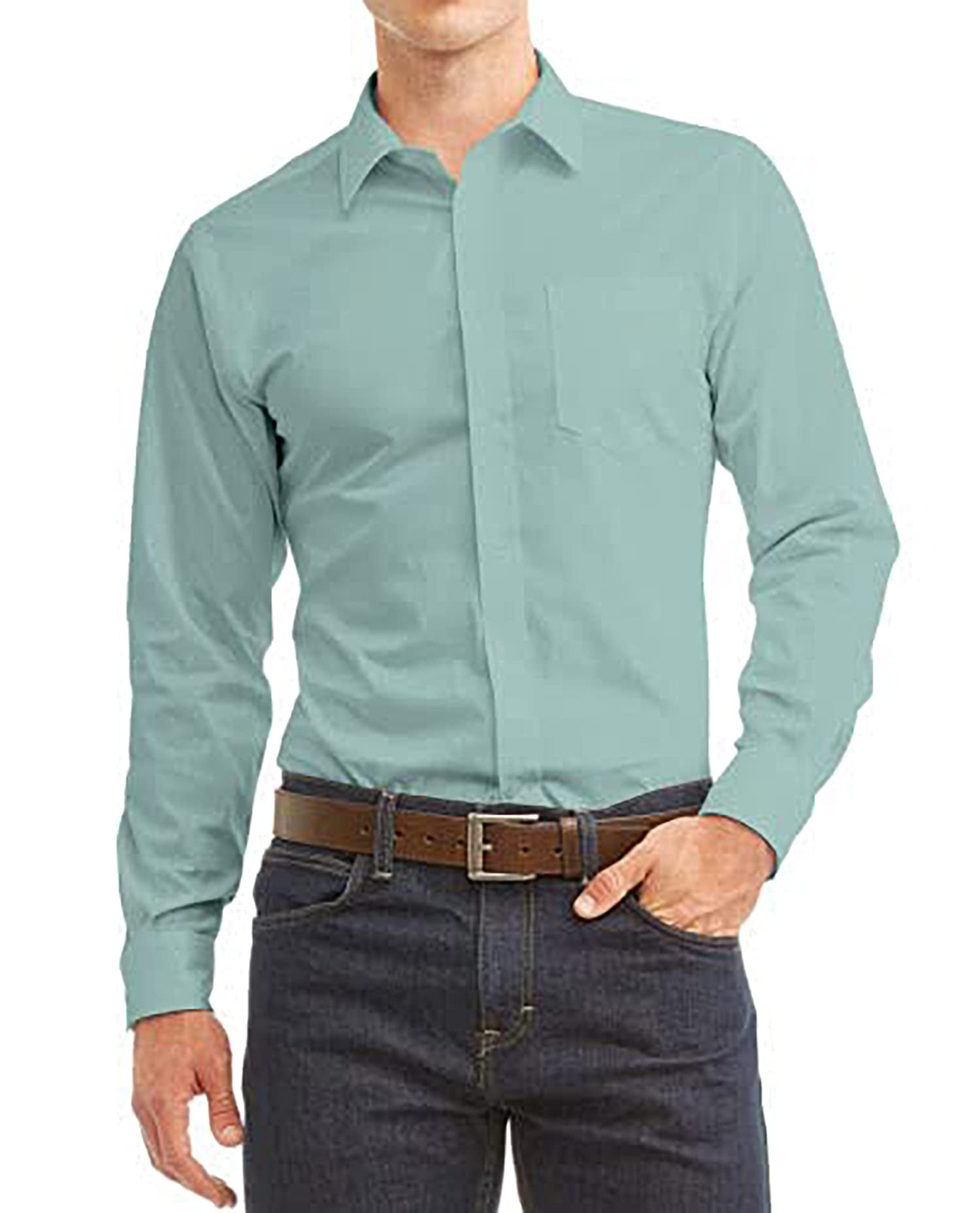 Men's Dress Shirt Long Sleeve Regular Fit Button Up Pocket Solid Standard Cuff Aqua - Walmart.com