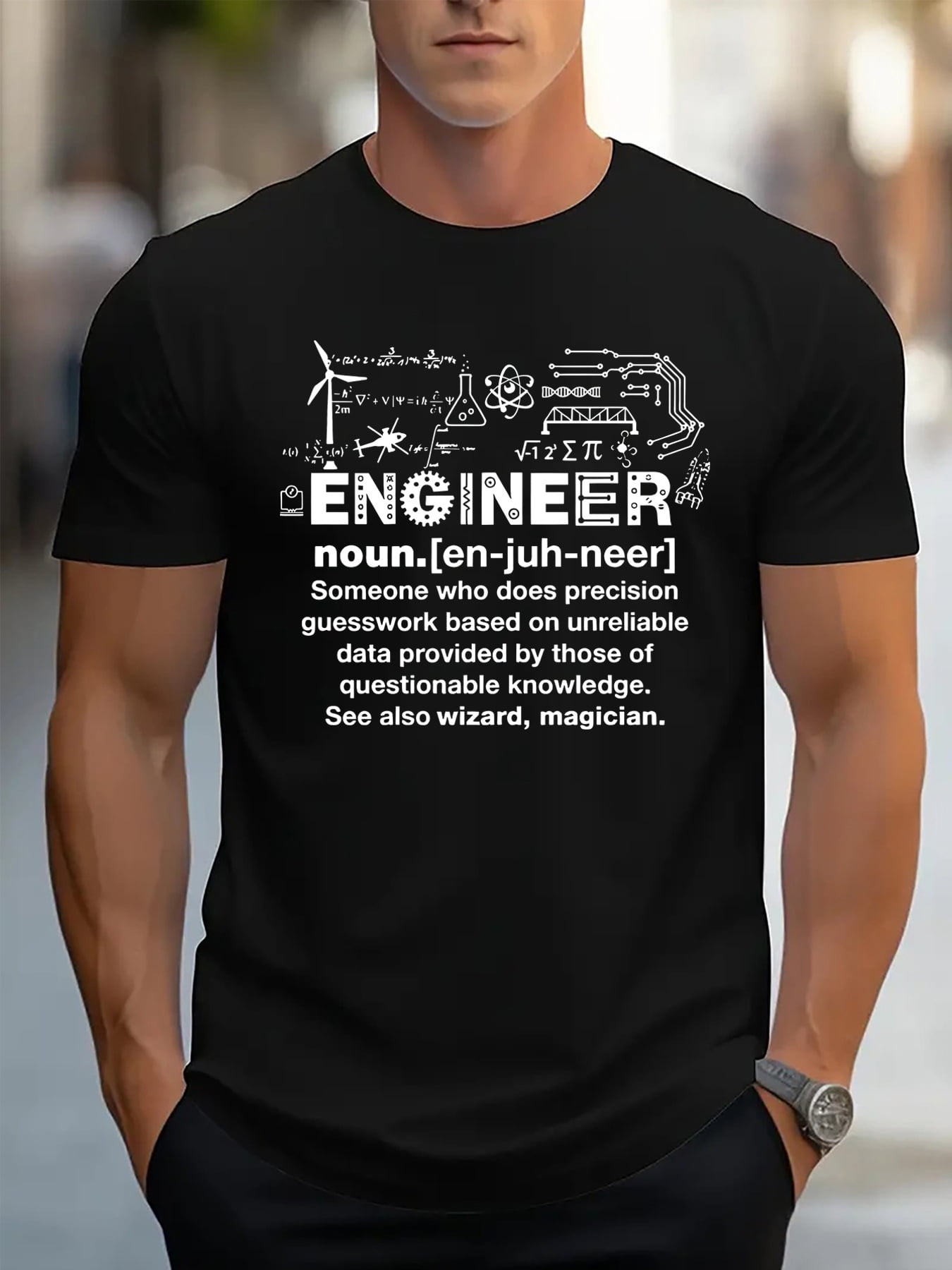 Men's ENGINEER Print T-shirt, Casual Short Sleeve Crew Neck Tee, Men's ...