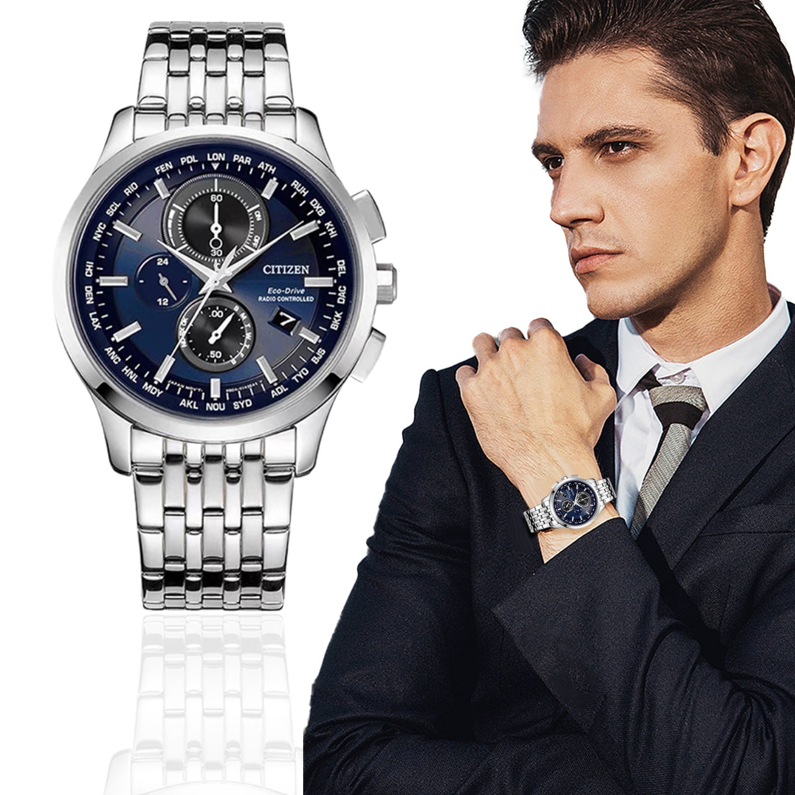 Men's Eco Drive Chronograph World Time Radio Controlled Watch - Walmart.com