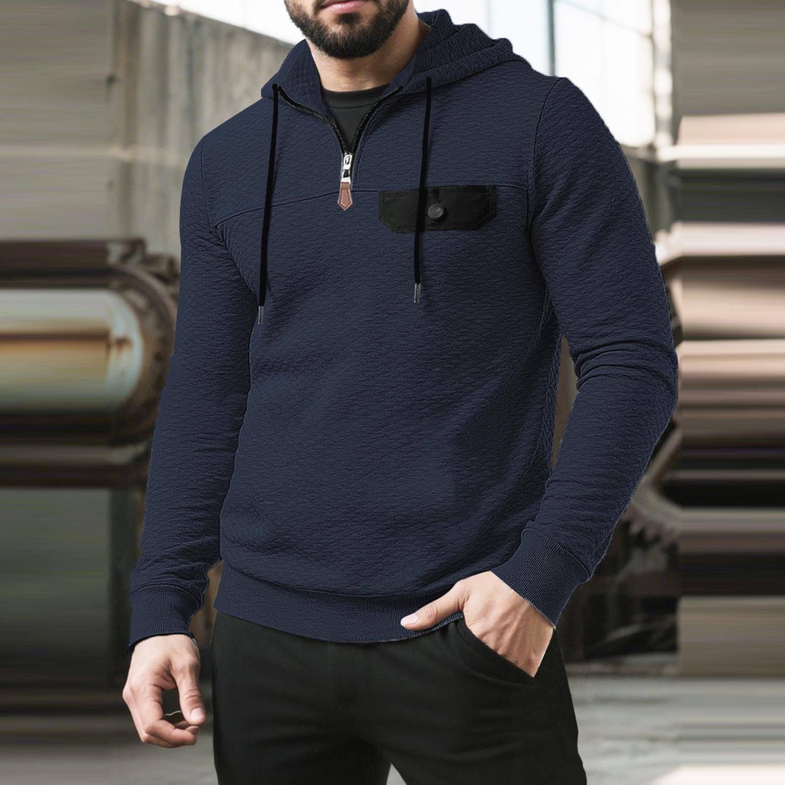 Men's Exercise Hoodie Solid Color Casual Hooded Long Sleeve Fake Pocket ...