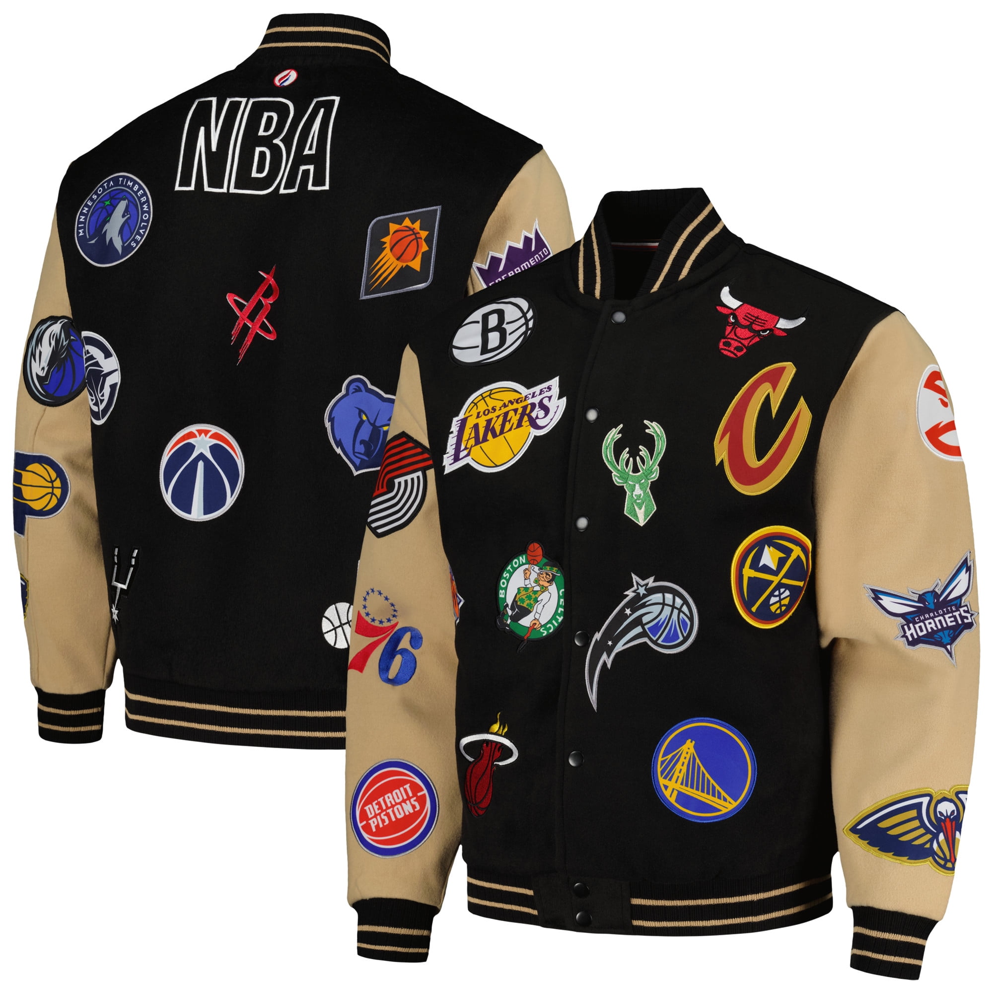 Men's FISLL Black/Khaki NBA All Logo Aviator Wool Varsity Jacket ...