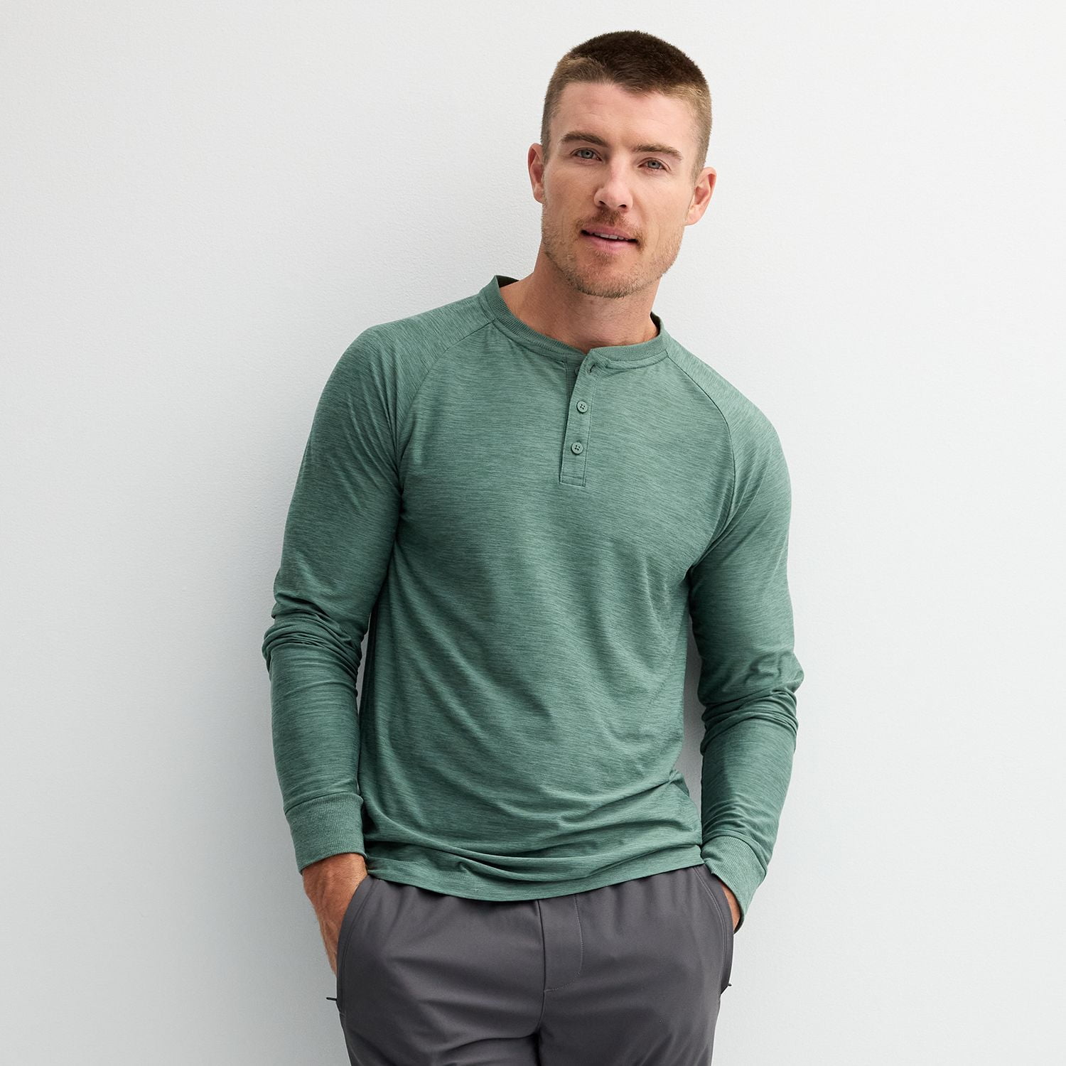 Men's FLX Long Sleeve Luxury Soft Wander Henley Color: Aspen Gray Size ...