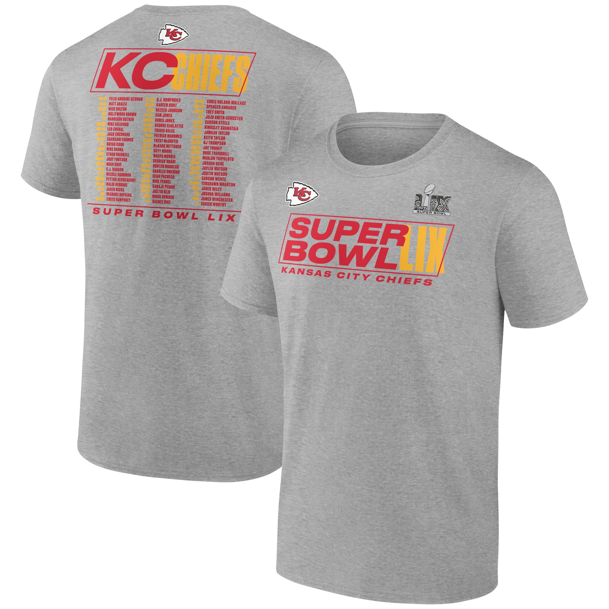 Men's Fanatics Heather Gray Kansas City Chiefs Super Bowl LIX Roster T ...