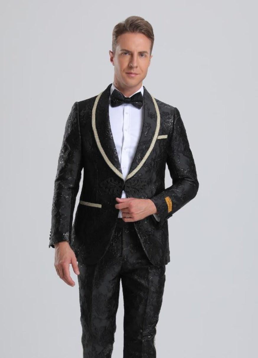 Men's Fancy Black Floral Paisley Prom Tuxedo with Gold Trim - Walmart.com