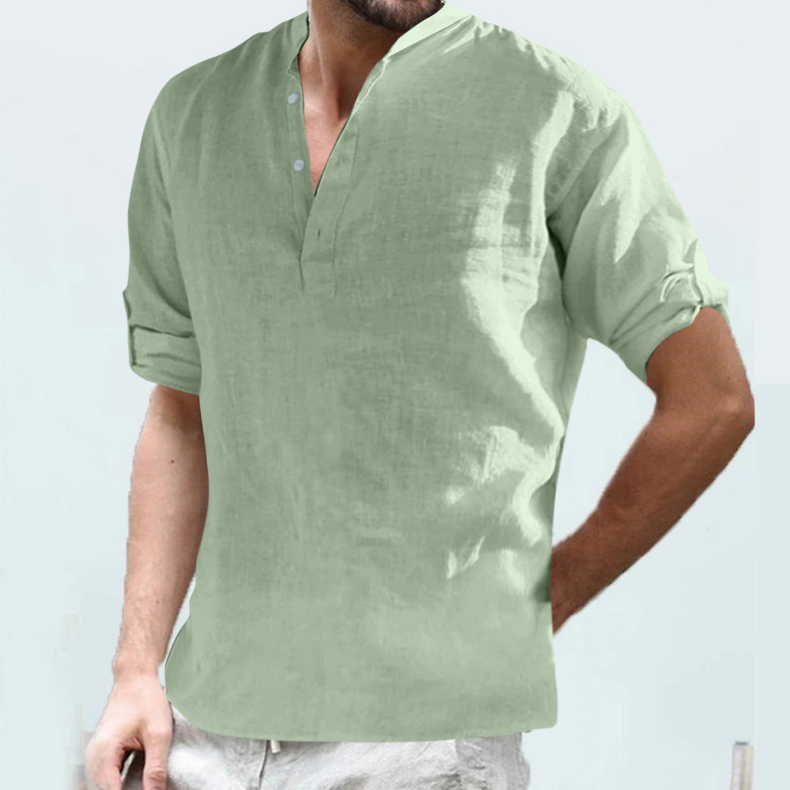 Men's Fashion Casual Cotton Linen Henley Neck Solid Shirt Long Sleeve ...