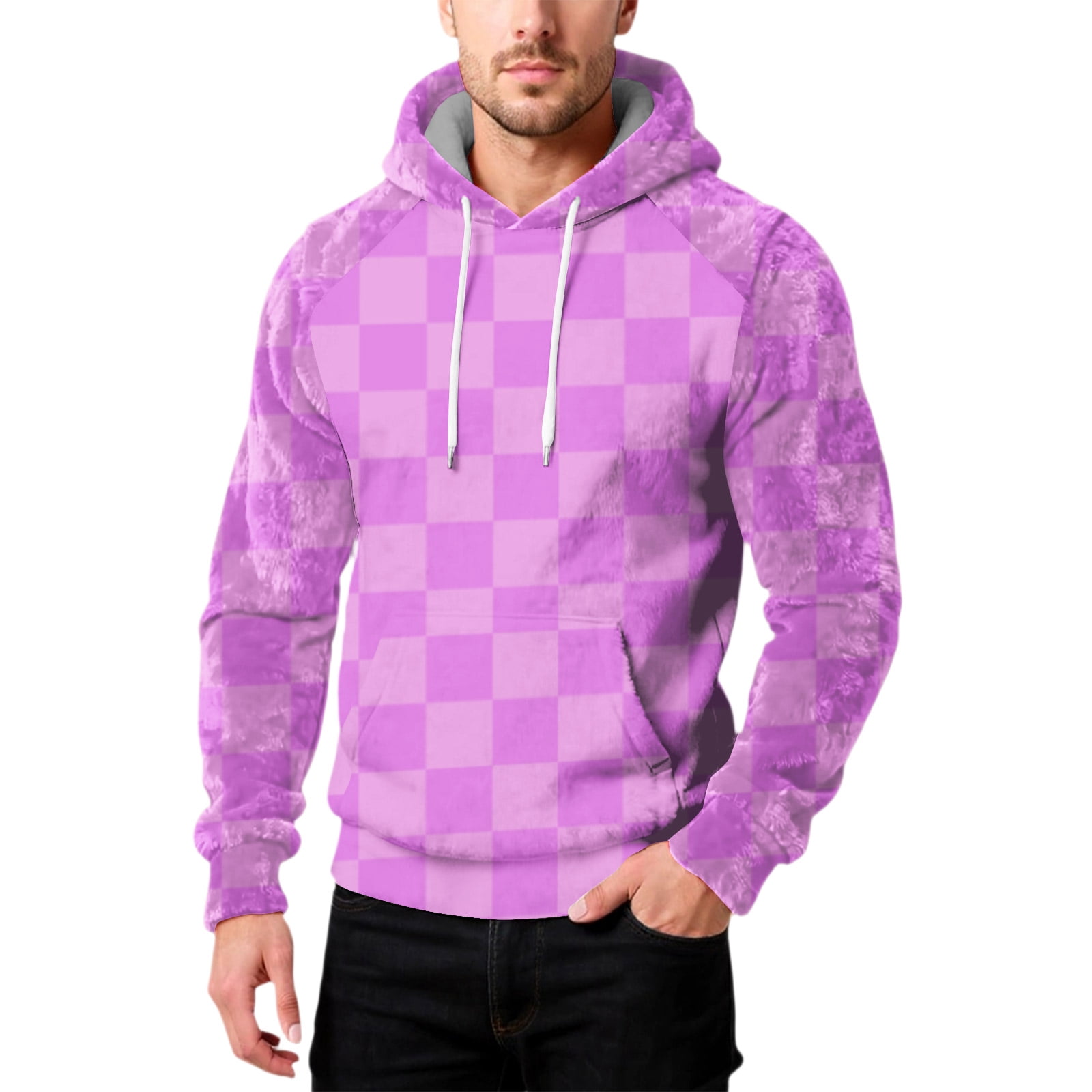 Men's Fashion Leisure Plaid Pattern Plush Hooded Long Sleeves Hoodie ...