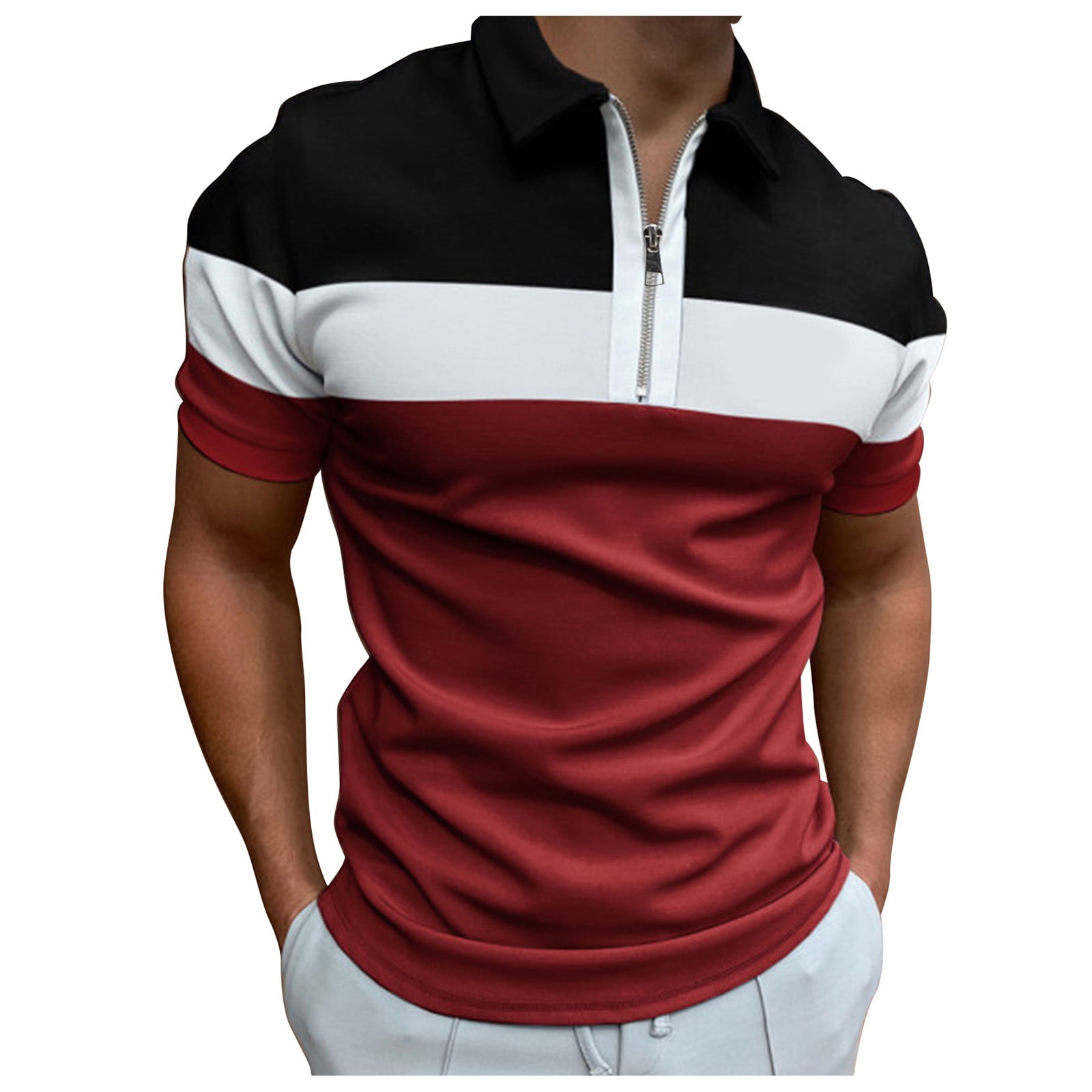 Men's Fashion Zipper Polo Shirts Casual Shorts Sleeve Golf Striped ...