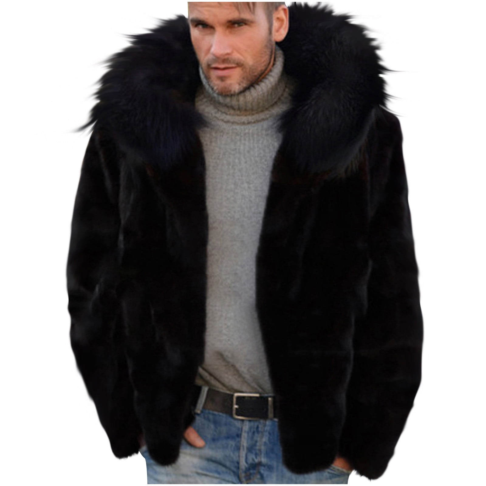 Men's Faux Fur Winter Coat, Luxury Furry Fur Collar Long Sleeve ...