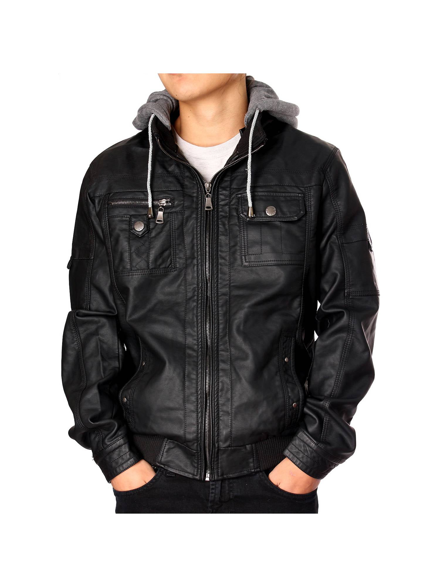 Men's Faux Leather Hooded Motorcycle Bomber Jacket with Removable Hood ...