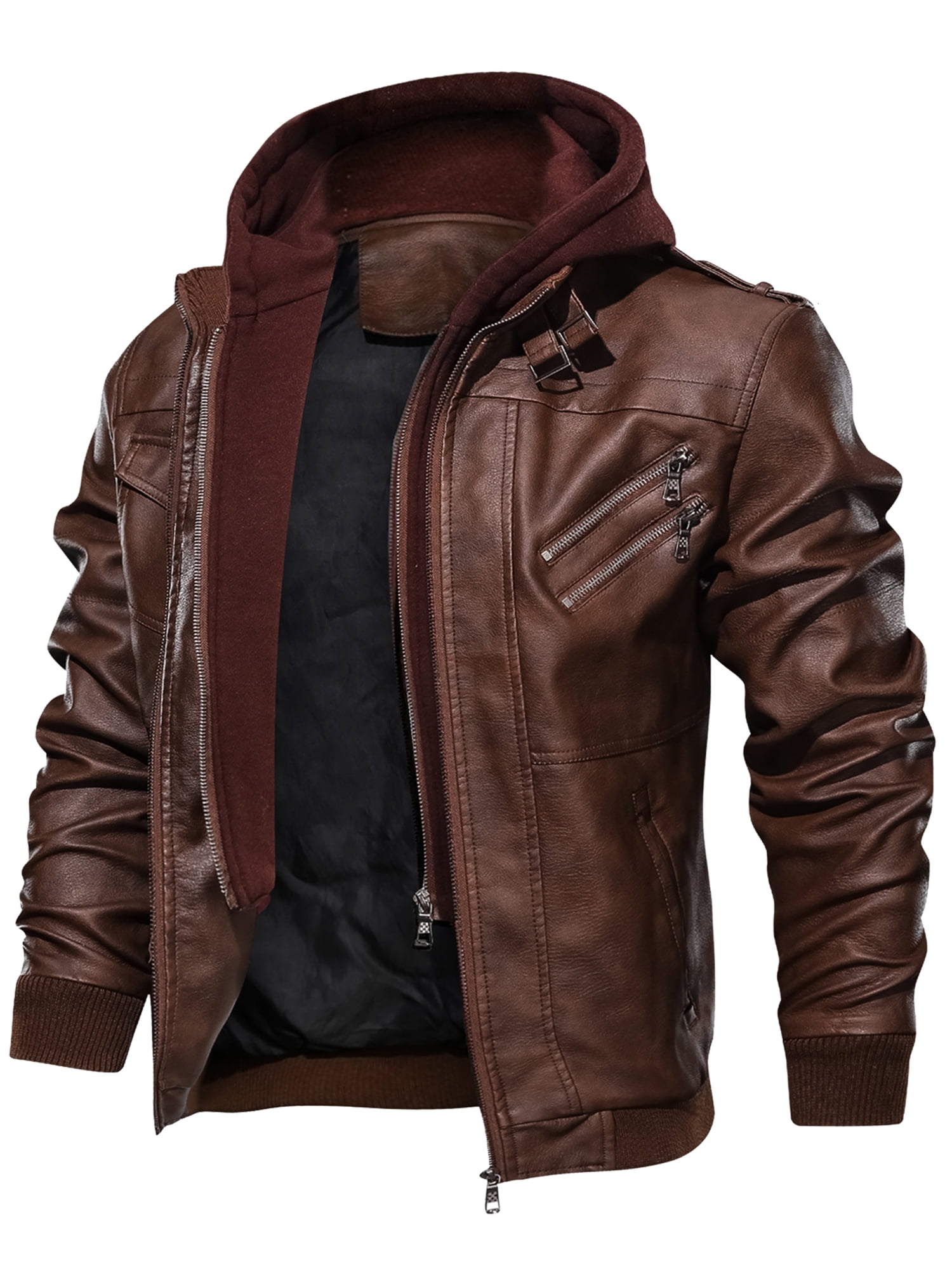 Men's Faux Leather Jacket Retro Zip-UP Stand Collar Motorcycle Bomber ...