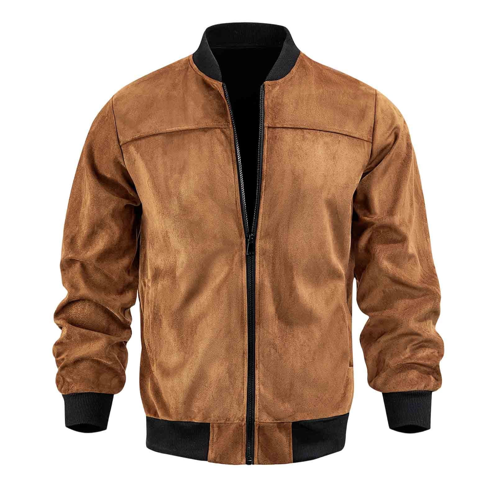 Men's Faux Suede Bomber Jacket Full-Zip Casual Contrast Collar Varsity ...