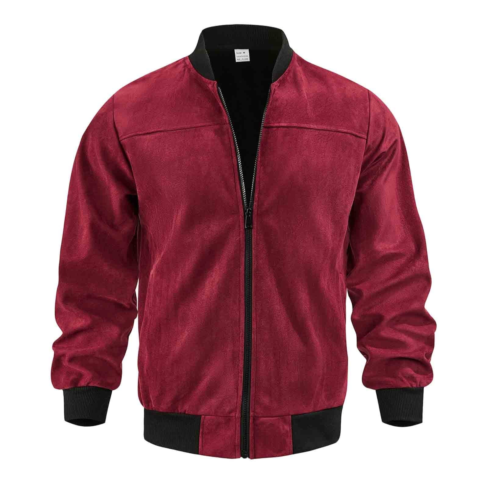 Men's Faux Suede Bomber Jacket Full-Zip Casual Contrast Collar Varsity ...