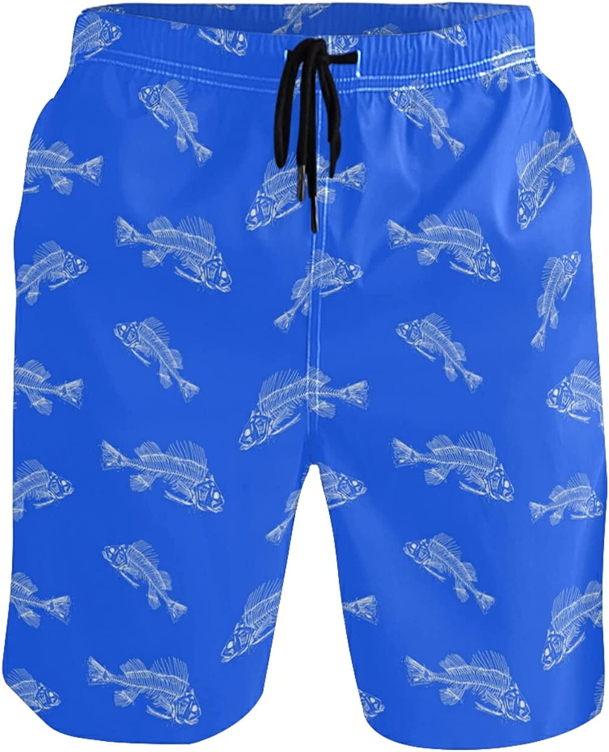 Men's Fish-Bone Print Shorts Drawstring Swim Trunks with Pockets and ...