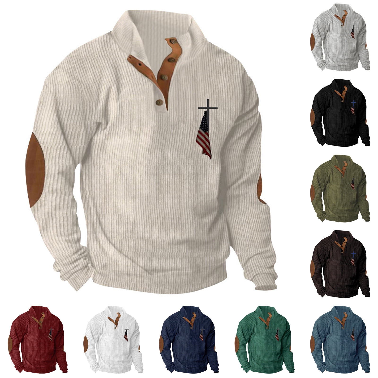 Men's Flag Print Stand Collar Quarter-Zip Sweatshirt, Casual Outdoor ...