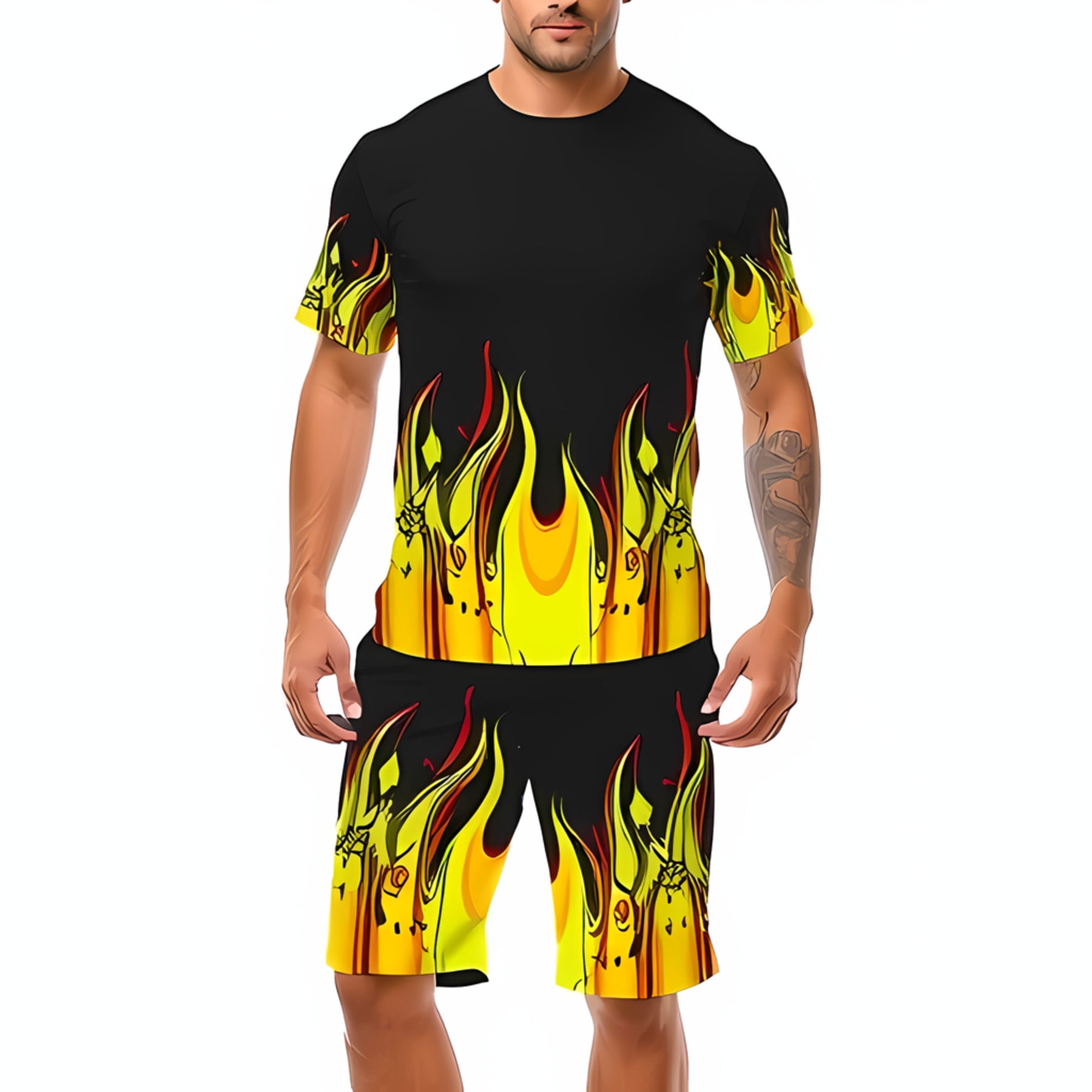 Men's Flame - Themed Summer T-Shirt and Shorts Set - Bold Tribal Fire Pattern in Yellow Orange ...