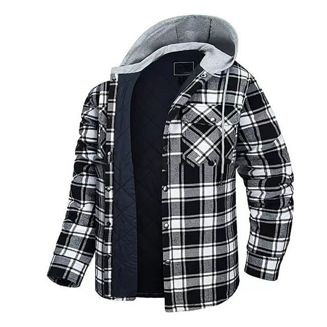 Men's Flannel Jacket with Hood Quilted Lined Plaid Jacket Cotton Button ...