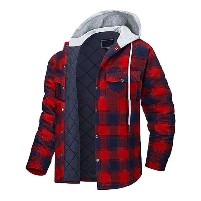 Men's Flannel Jacket with Hood Quilted Lined Plaid Jacket Cotton Button ...