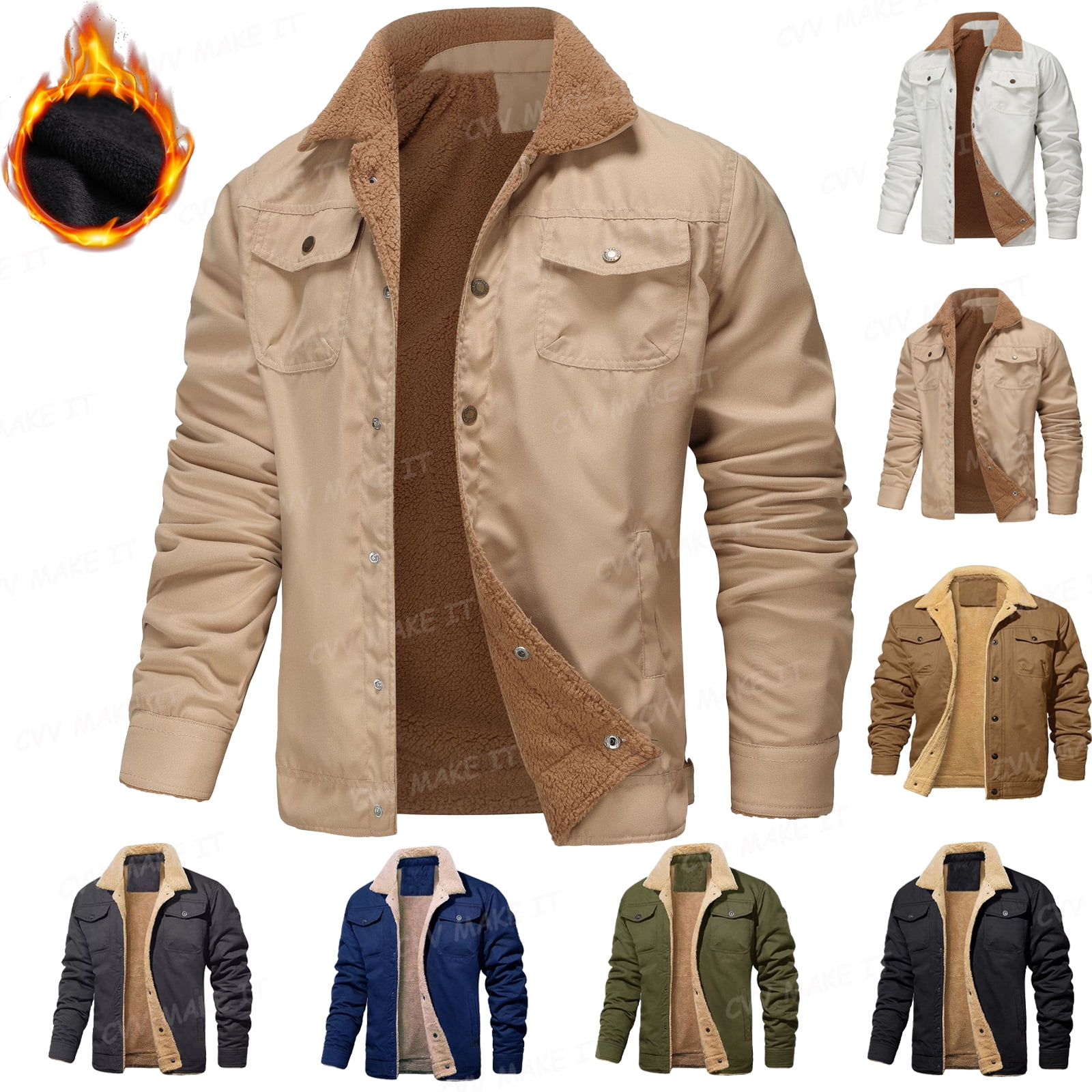 Men's Flannel Shirt Jacket Long Sleeve Turn-Down Collar Fleece Lined ...