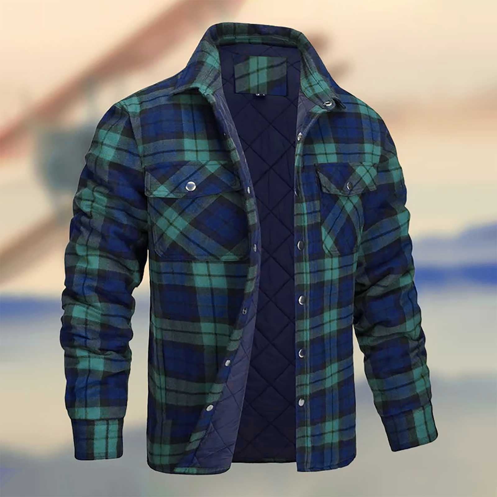 Men's Flannel Shirt Jacket Quilted Lining Long Sleeve Button-Down ...