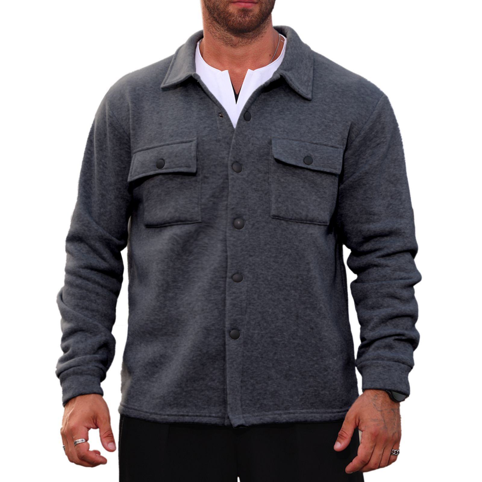 Men's Fleece-Lined Collared Casual Coat, Plain Design for Winter ...
