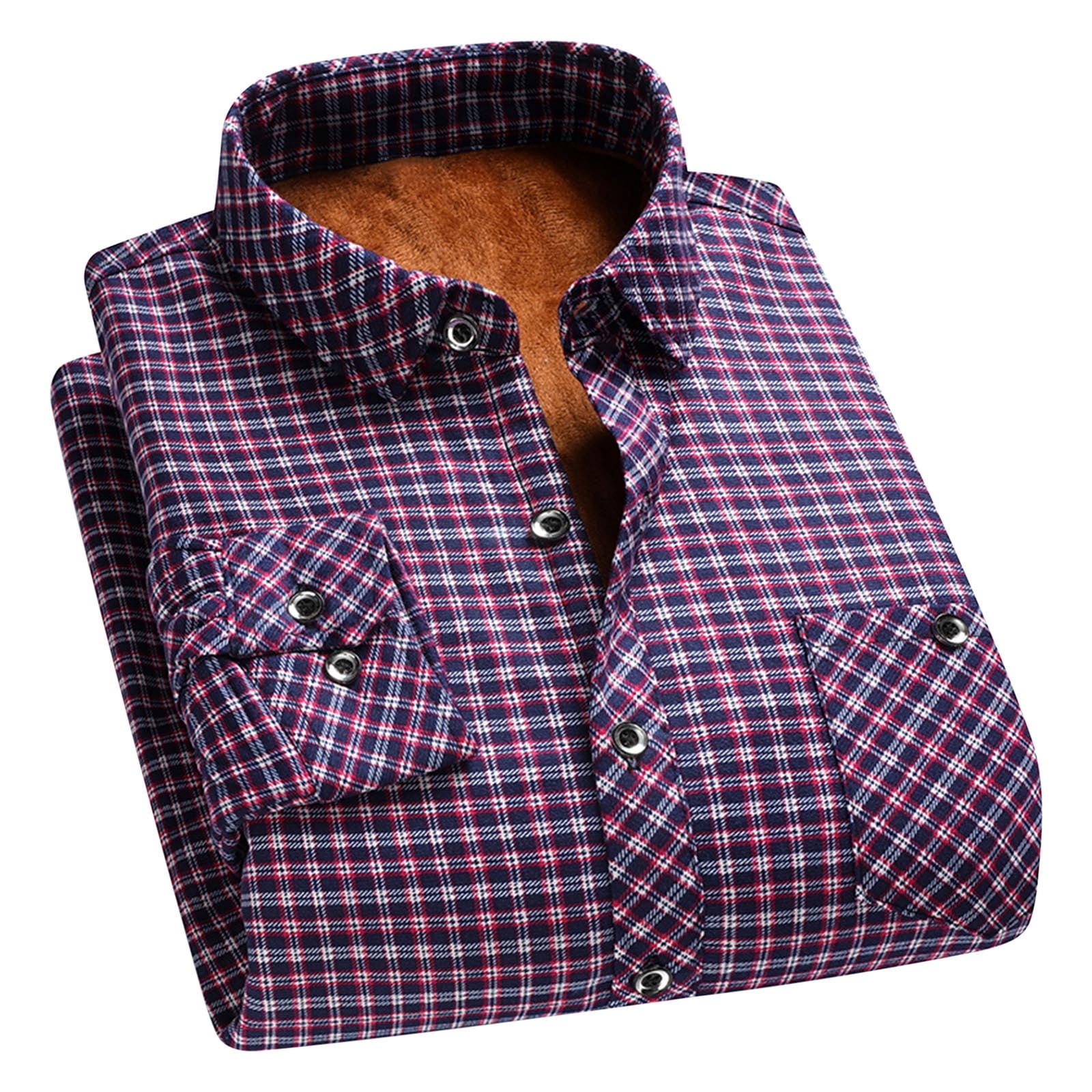 Men's Fleece-Lined Flannel Shirt Warm Plaid Button-Down Long Sleeve ...