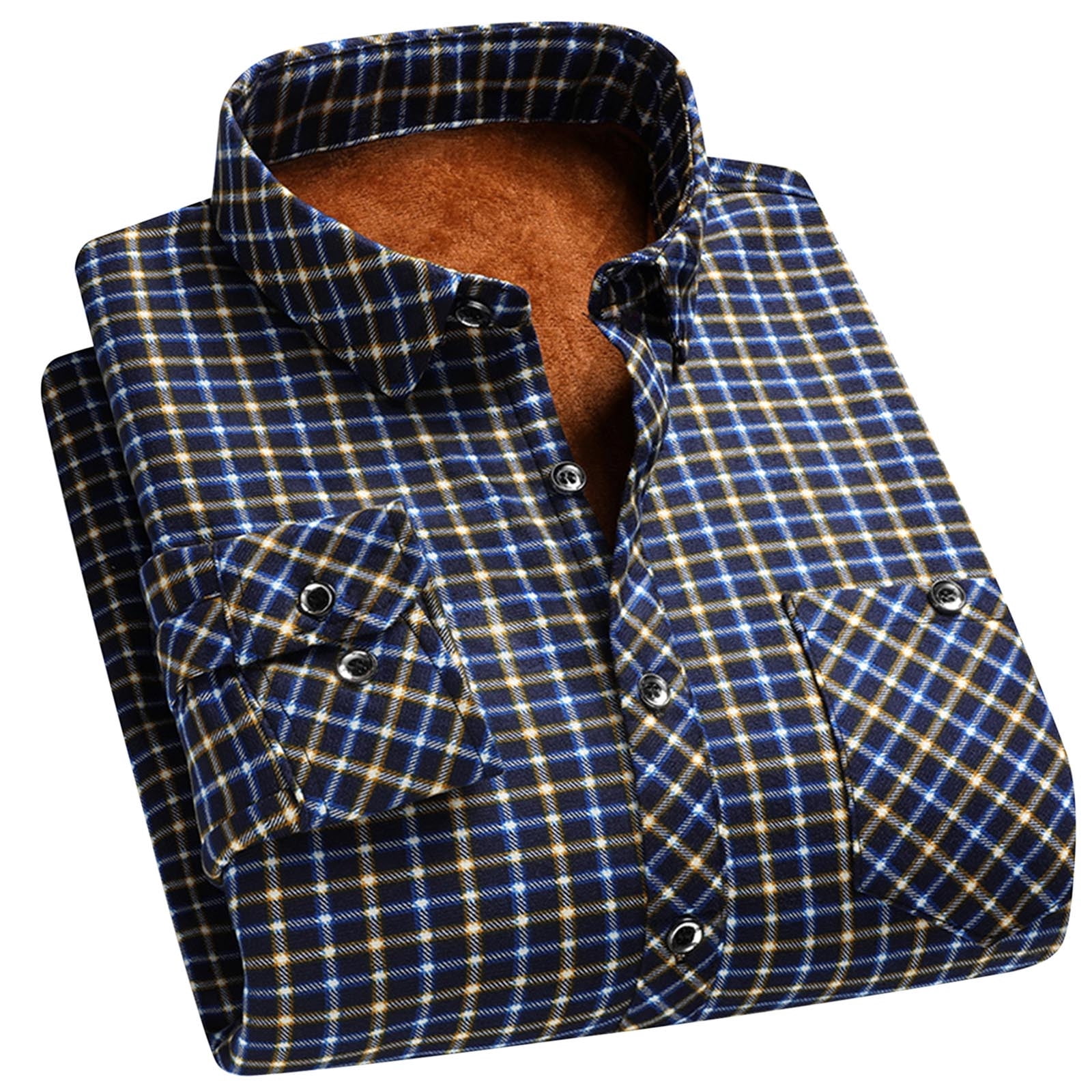 Men's Fleece-Lined Flannel Shirt Warm Plaid Button-Down Long Sleeve ...