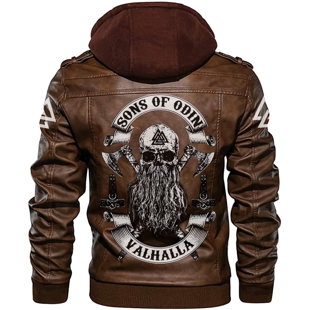 Men's Fleece Lined PU Leather Jacket with Odin's Son Pattern, Multiple ...