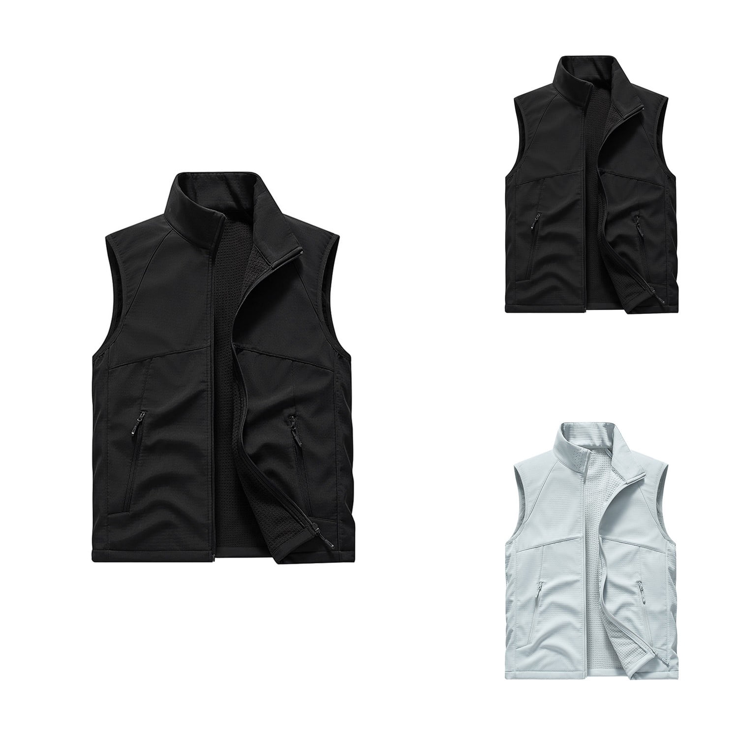 Men's Fleece Lined Stand Up Collar Sleeveless Vest, Loose Fit Casual ...